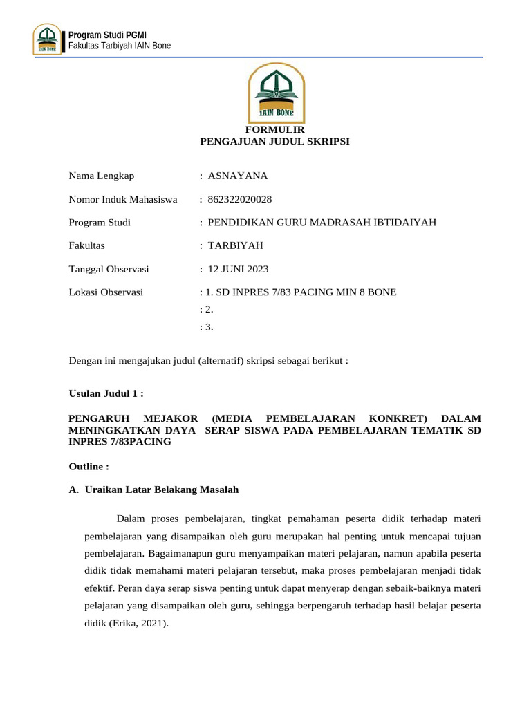 Formulir Pengajuan Judul Prodi PGMI | PDF