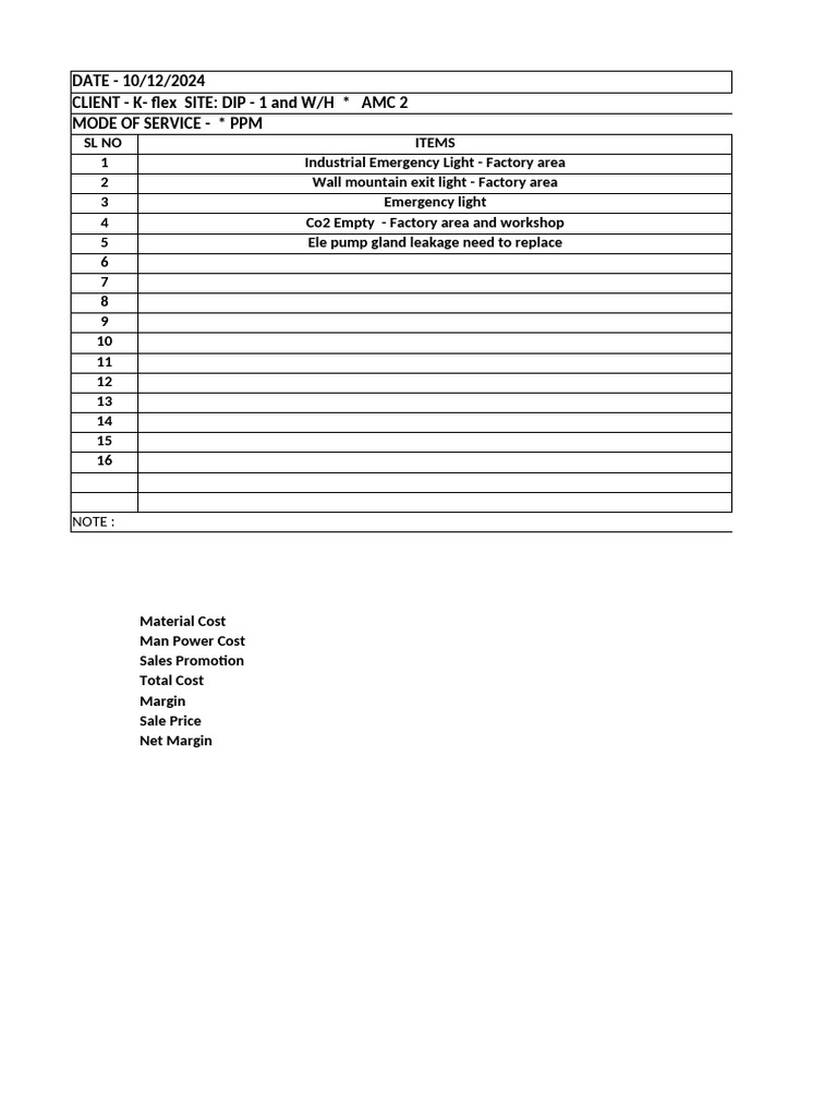 DATE - 10/12/2024 Client - K-Flex Site: Dip - 1 and W/H Amc 2 Mode of Service - PPM | PDF