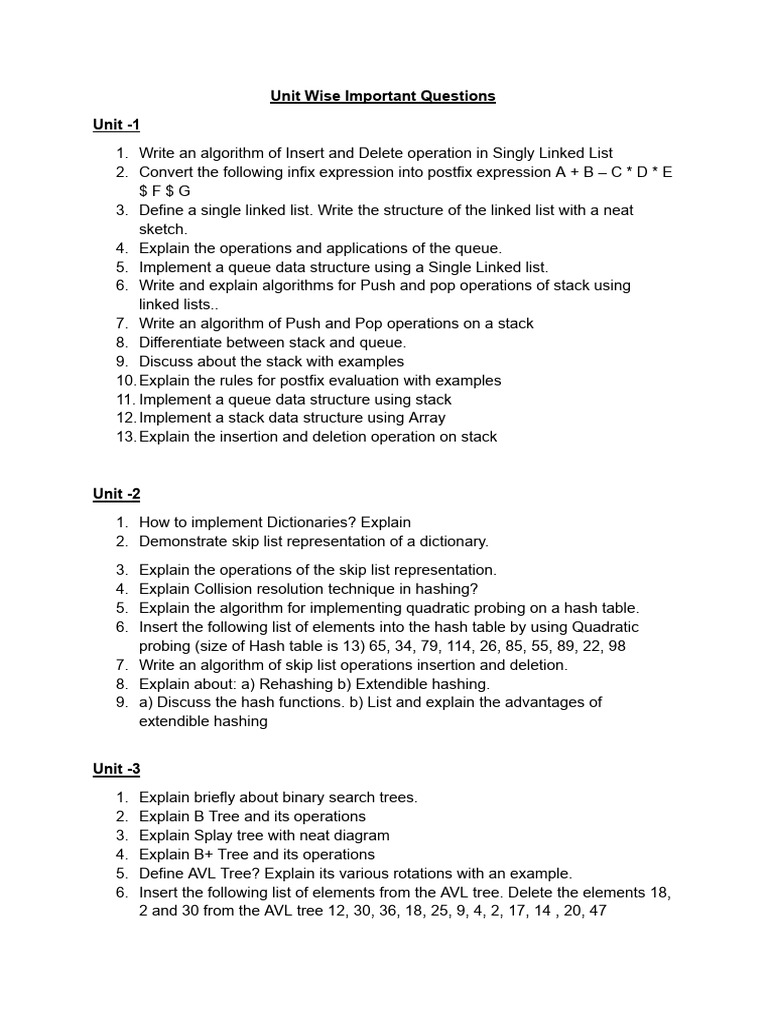 Data Structures Unit Wise Important Questions Docx 3 Pdf