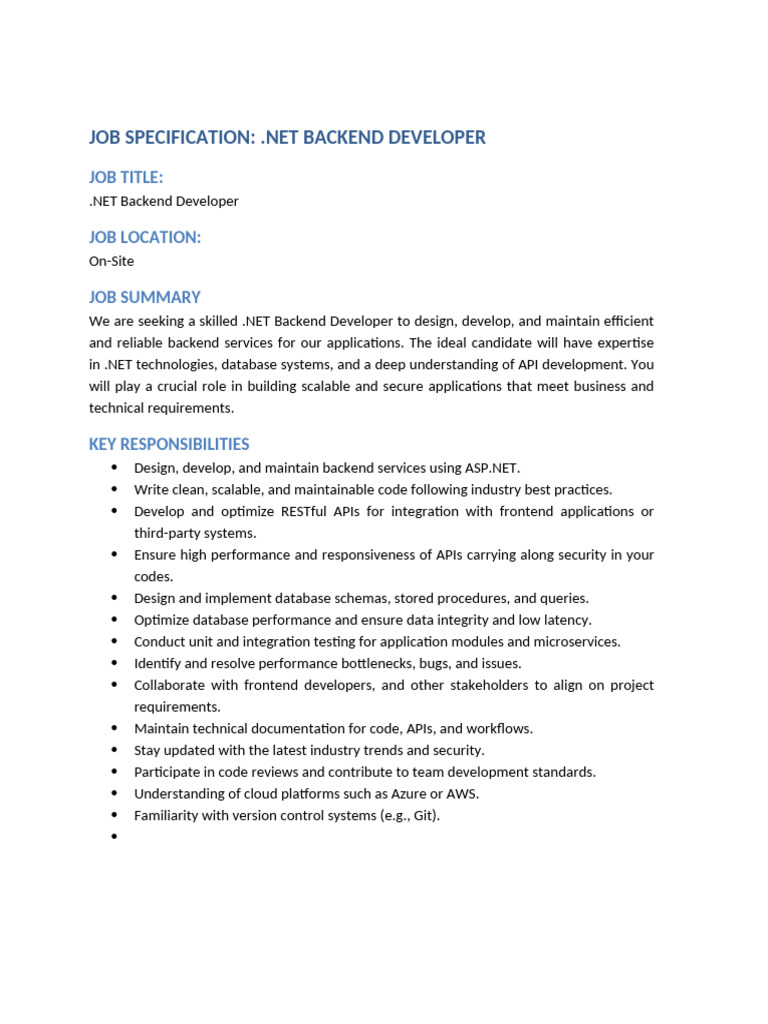 Job Specification DotNet Backend Developer | PDF