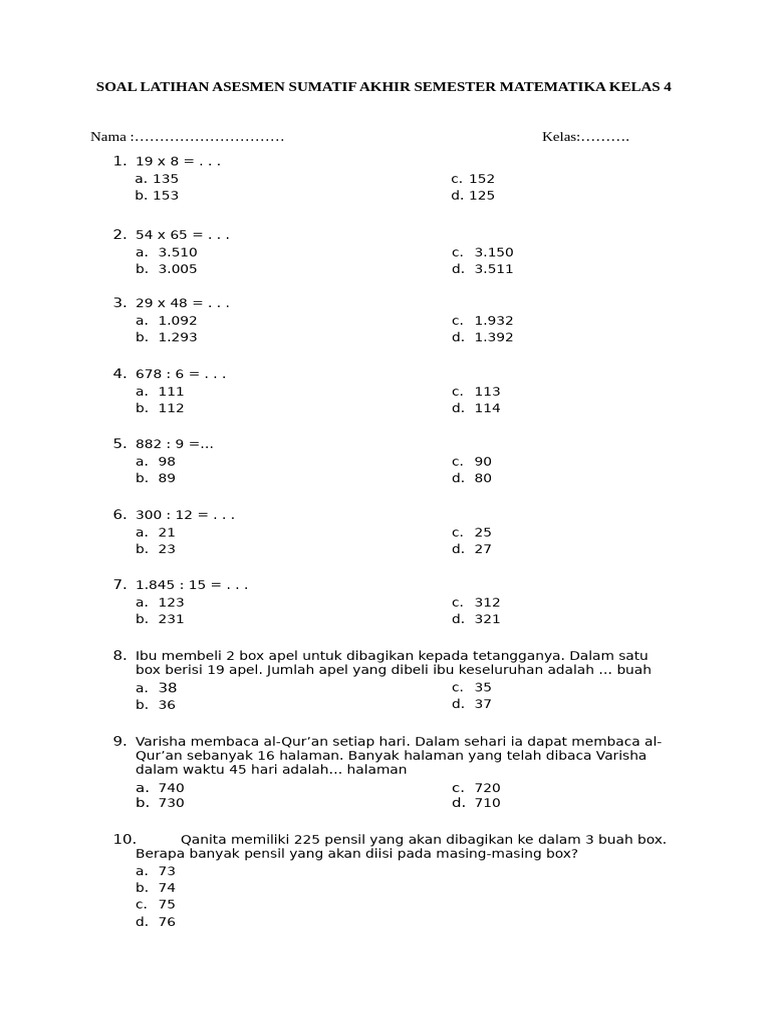 Soal Latihan Asesmen Sumatif Akhir Semester Matematika Kelas 4 | PDF