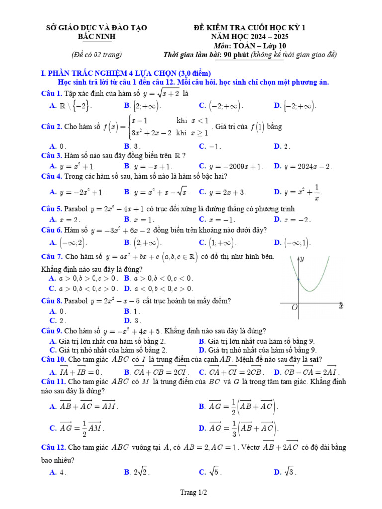 De Kiem Tra Cuoi Hoc Ky 1 Toan 10 Nam 2024 2025 So Gddt Bac Ninh | PDF
