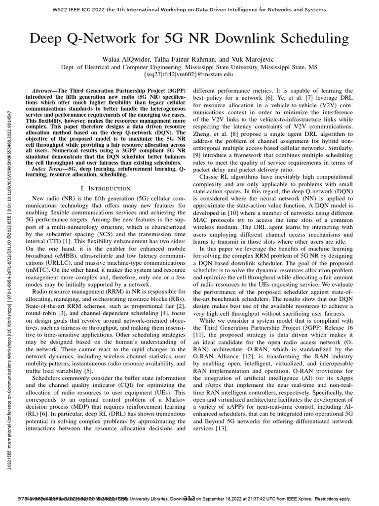 Deep Q Network For 5g Nr Downlink Scheduling Pdf Deep Learning Scheduling Computing 