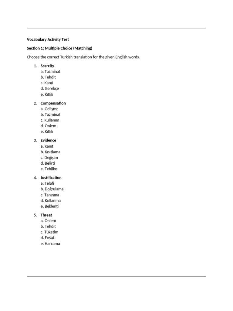 Vocabulary Activity Test | PDF