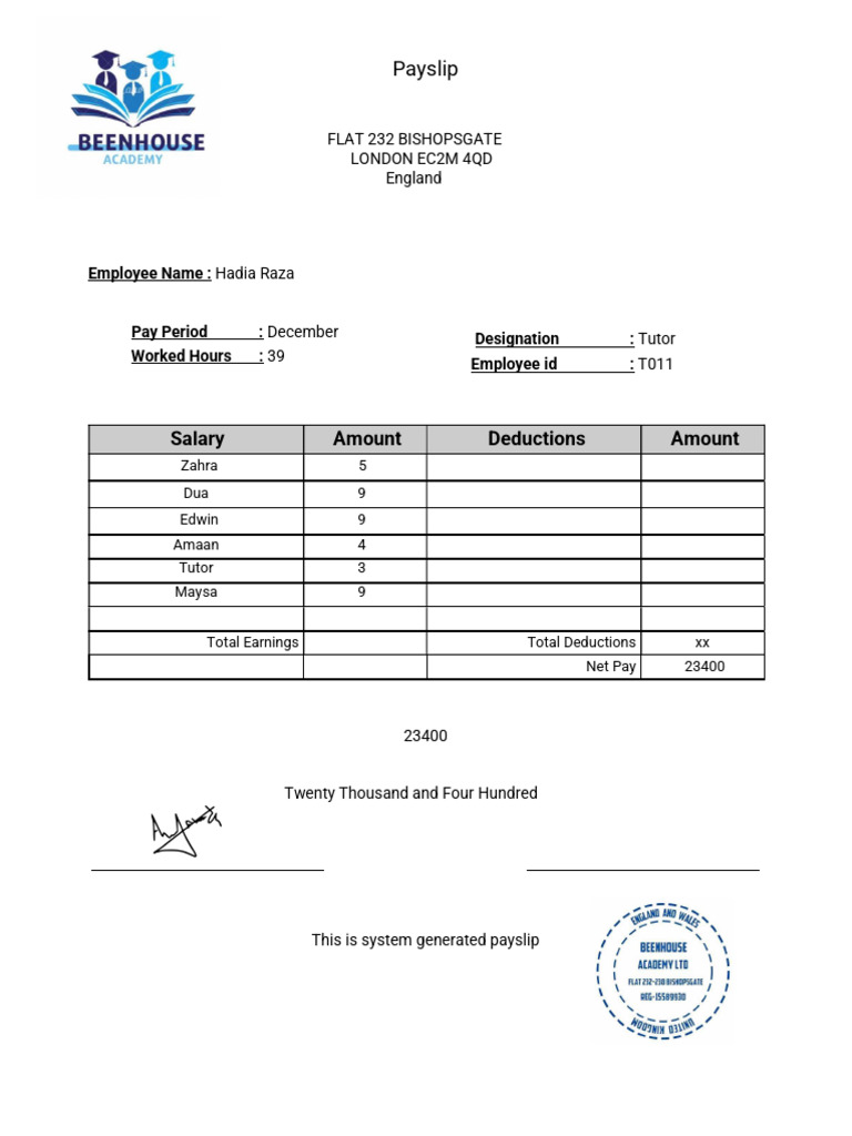 December Payslip for Tutor Hadia Raza | PDF