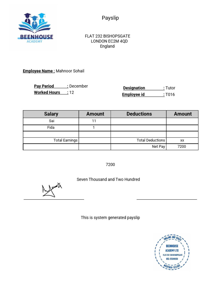 December Payslip for Tutor Mahnoor Sohail | PDF