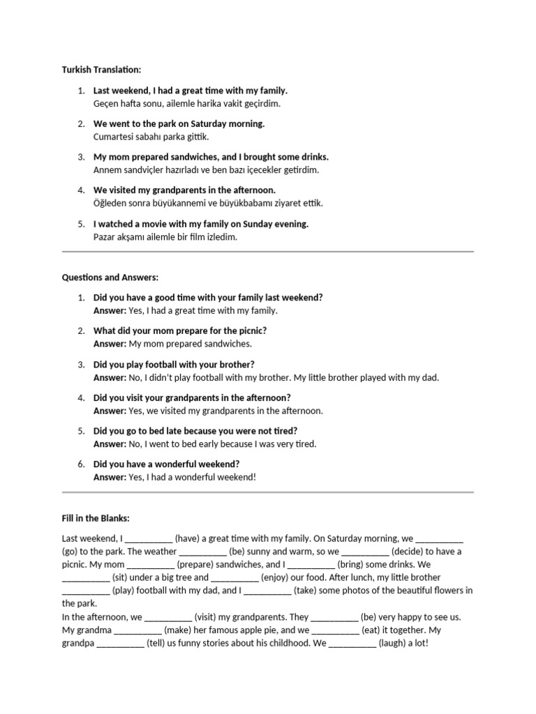 Family Weekend Activities in Turkish | PDF