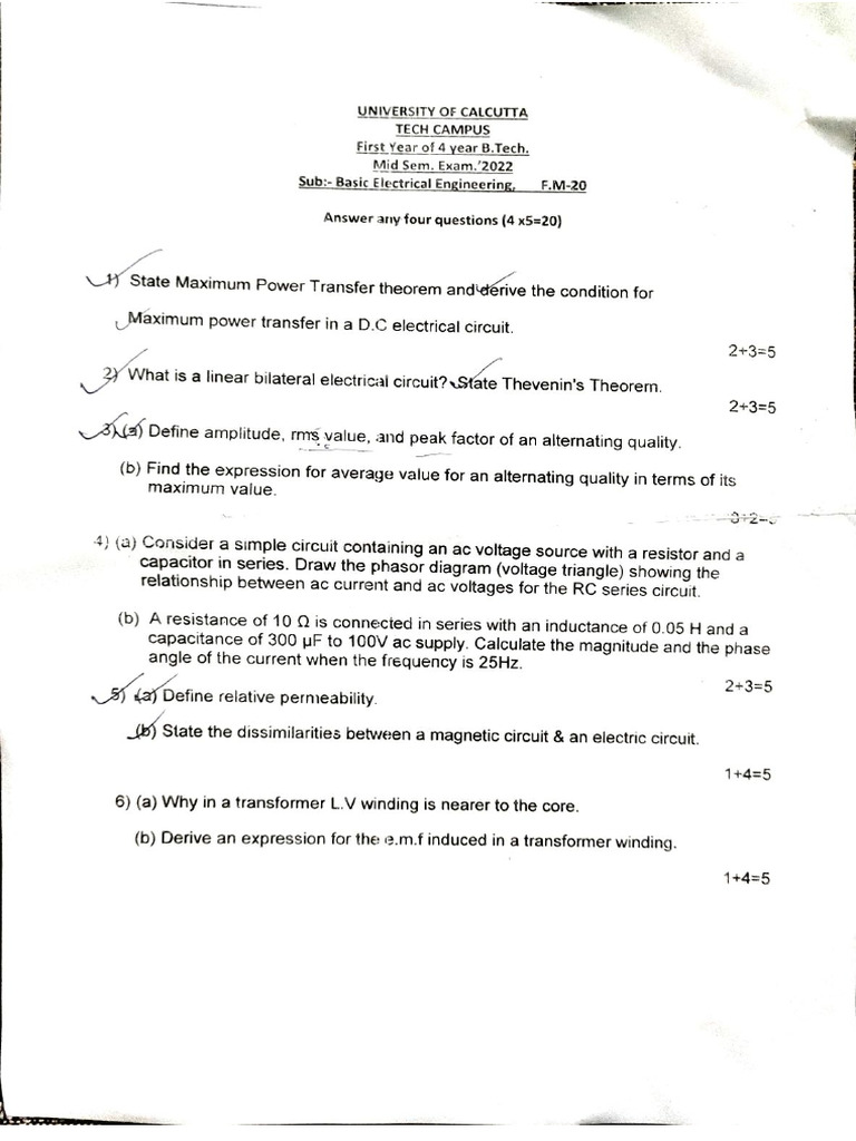 CU 2022-23 1st Sem Mid Sem EE | PDF