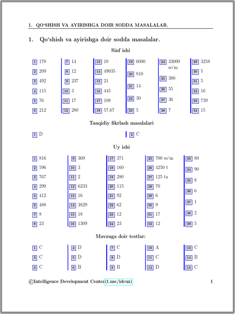 Matematika 1-Qism: Masalalar va Javoblar | PDF