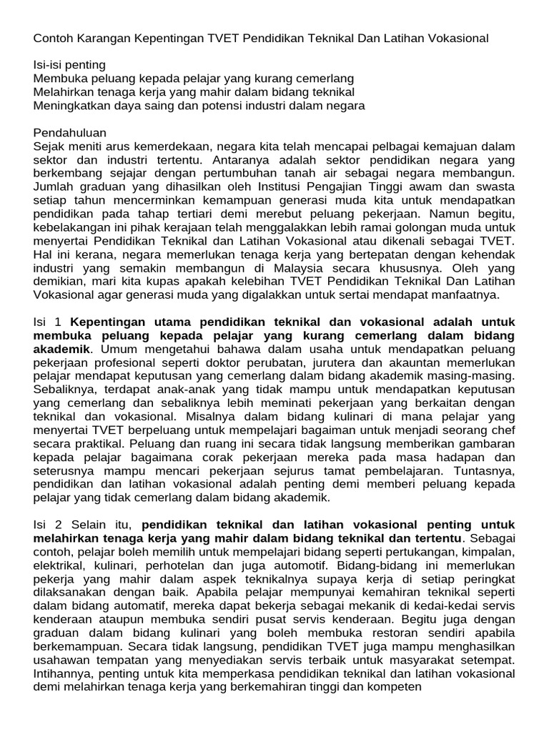 Contoh Karangan Kepentingan TVET Pendidikan Teknikal Dan Latihan Vokasional | PDF