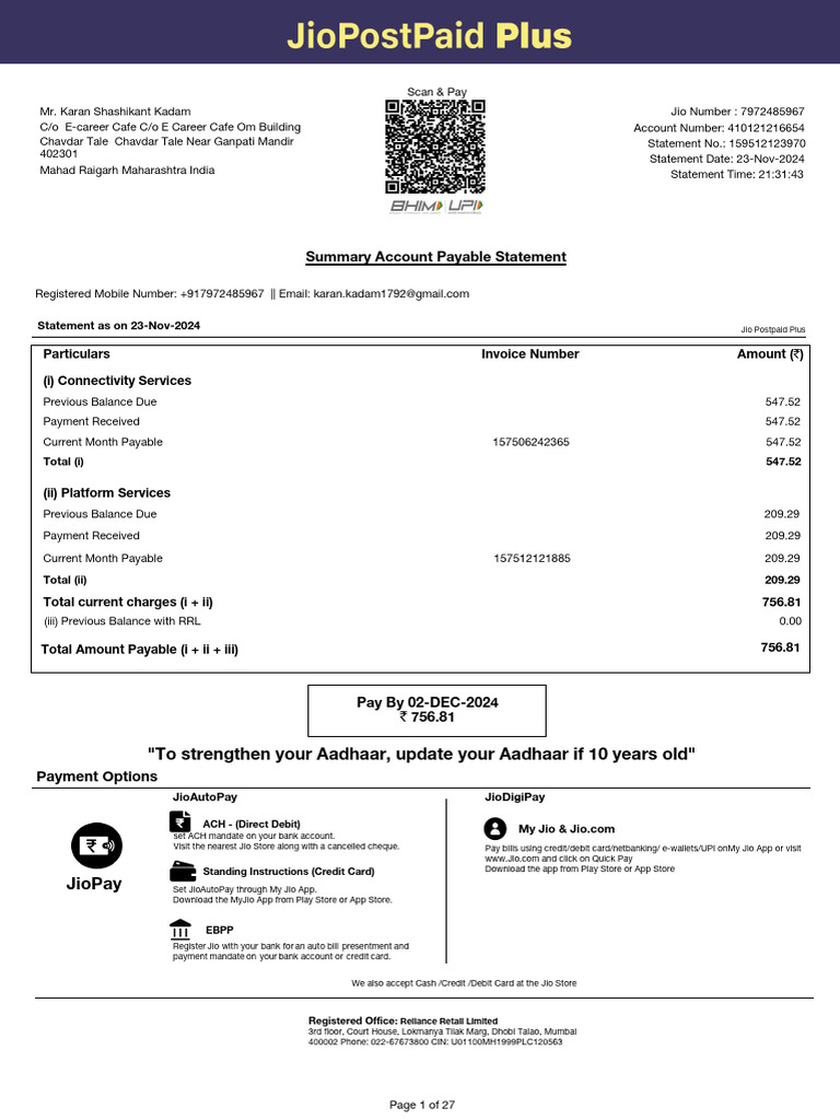 Jio Account Statement: Mar 2025 | PDF | Payments | Cheque