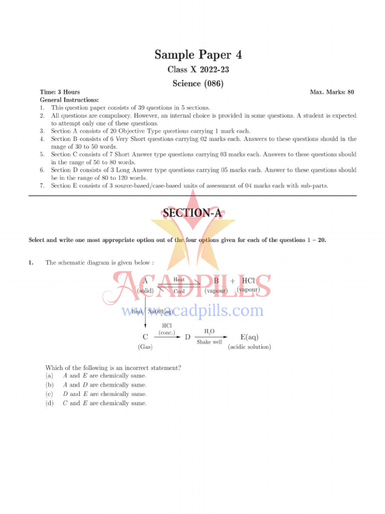Science Sample Paper 4 | PDF