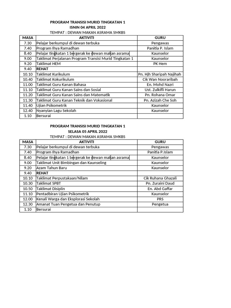 Jadual Program Orientasi Tingkatan 1 & 4 (11) | PDF