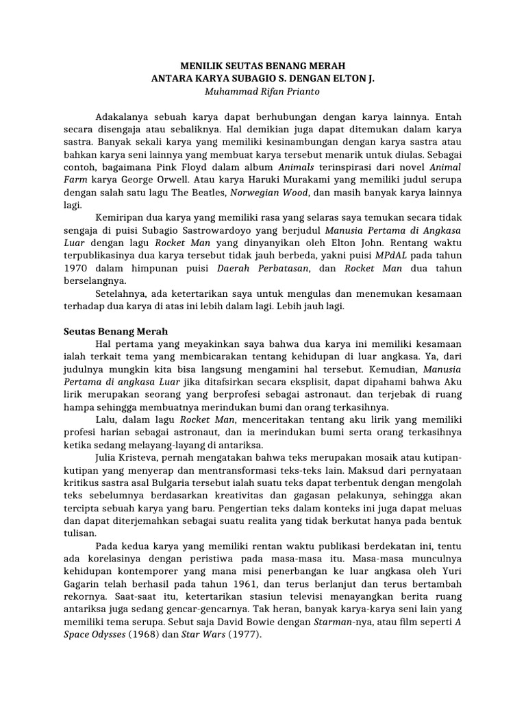Muhammad Rifan Prianto_Menilik Seutas Benang Merah Karya Subagio S. dengan Elton J. | PDF
