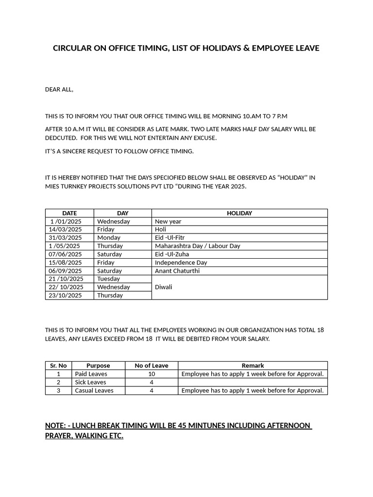 Circular On Office Timing | PDF