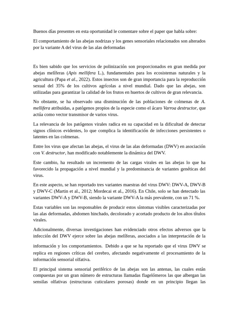 Impacto del DWV-A en Abejas Nodrizas | PDF | Virus | Feromona