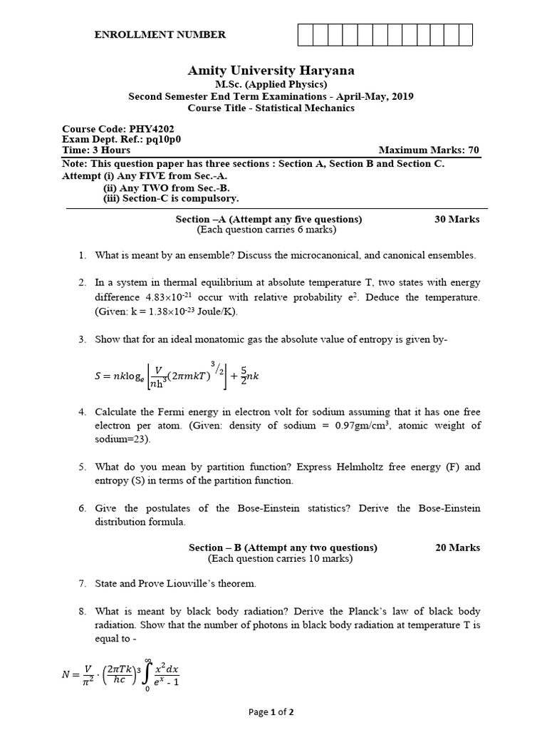 MSC (AP) Sem-II Statistical Mechanics - Out | PDF | Temperature | Entropy