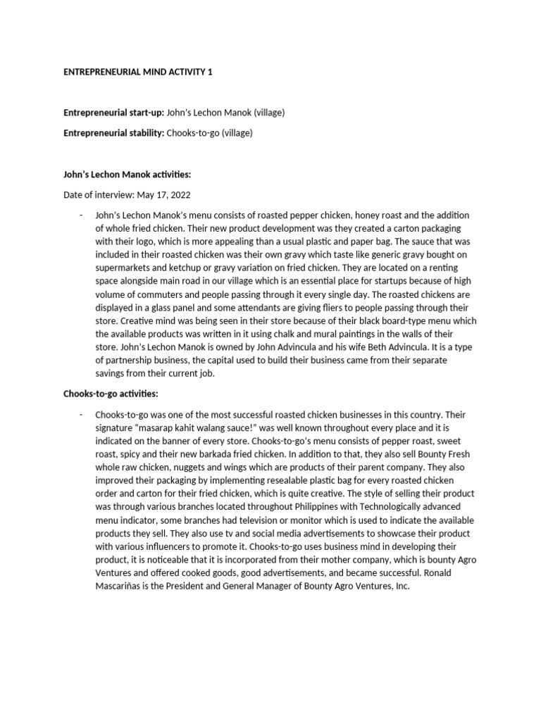 Entrepreneurial Mind Activity1 | PDF | Foods | Cuisine