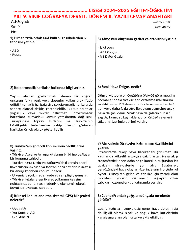Cografya 9 Sinif 1 Donem 2 Yazili Cevap Anahtari 2024 2025 | PDF