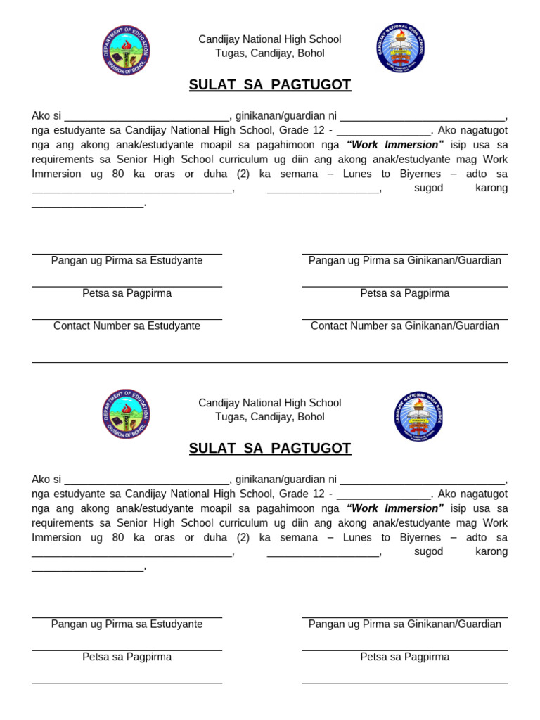 Work Immersion Parents Consent | PDF