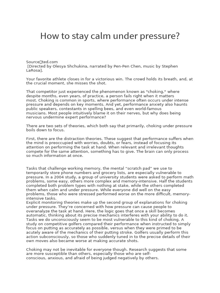Staying Calm Under Pressure Techniques | PDF | Attention | Behavioural ...