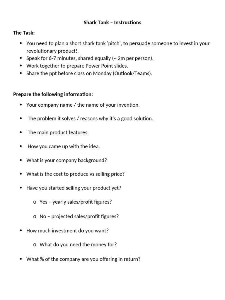 U4 Shark Tank – Instructions & tips | PDF