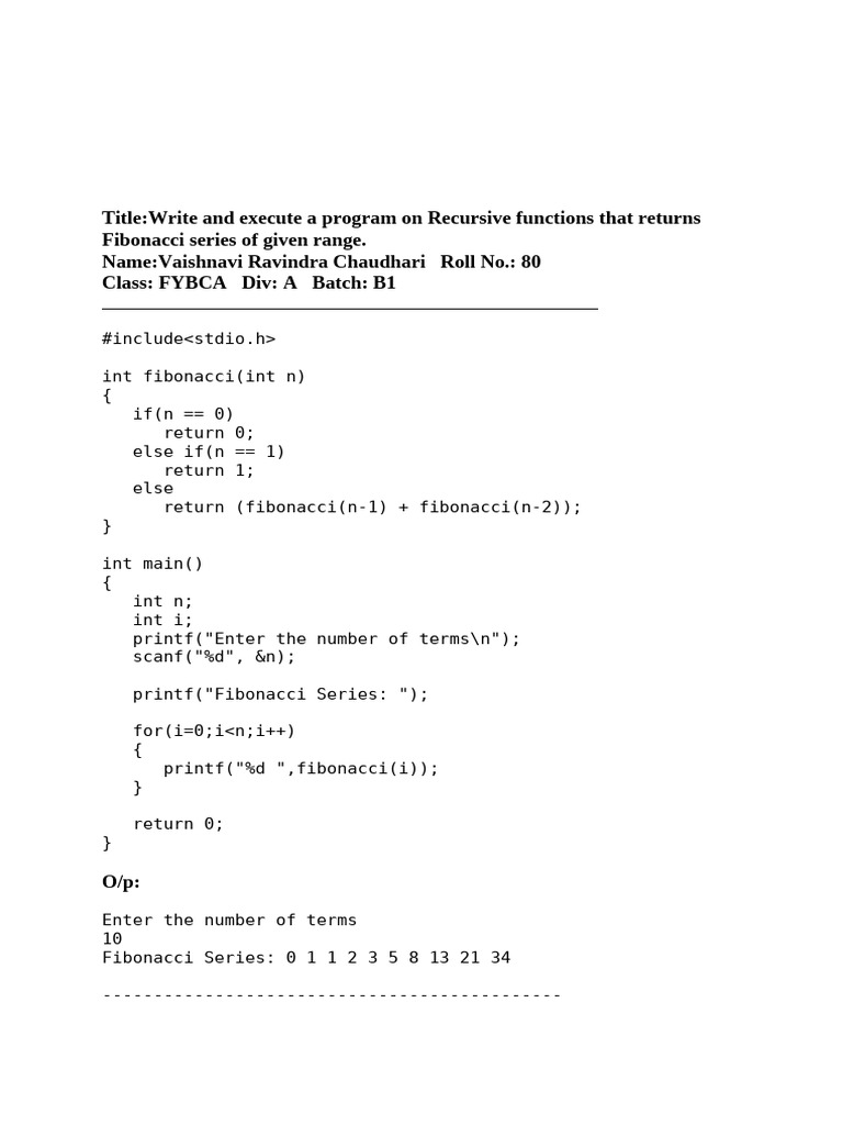 Recursive Fibonacci Series Program | PDF