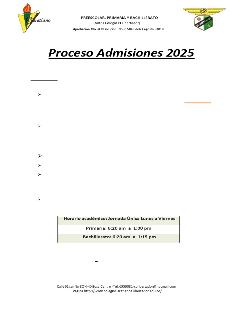 Proceso Admisiones 2025: Pasos | PDF