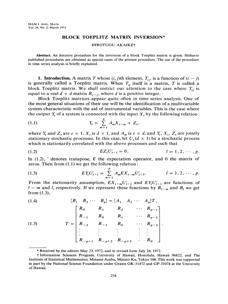 Block Toeplitz Matrix Inversion 1973 Pdf Matrix Mathematics Determinant