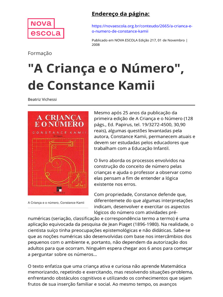 A Crianca e o Numero de Constance Kamii | PDF | Aprendizado | Matemática
