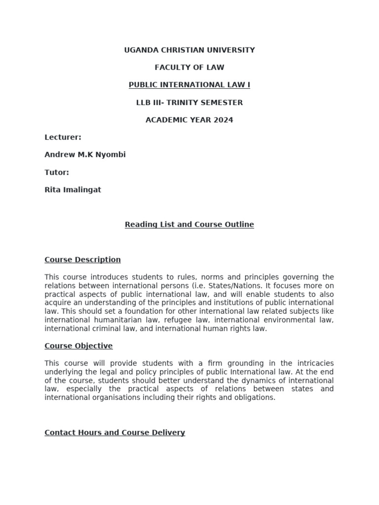 International Law 1 Course Outline (1) 2024 Trinity Semester | PDF ...