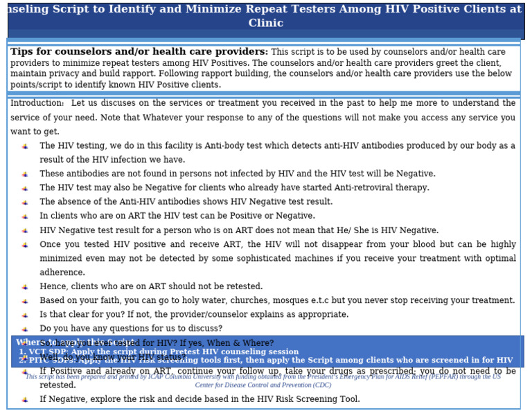 HIV Counseling Script for Repeat Testers | PDF | Diagnosis Of Hiv/Aids ...