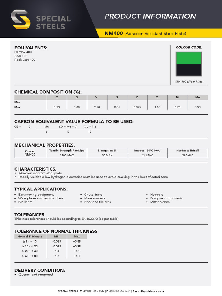 NM400 and VRN 400 Material Specs | PDF