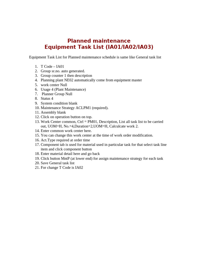Equipment Task List IA01 | PDF