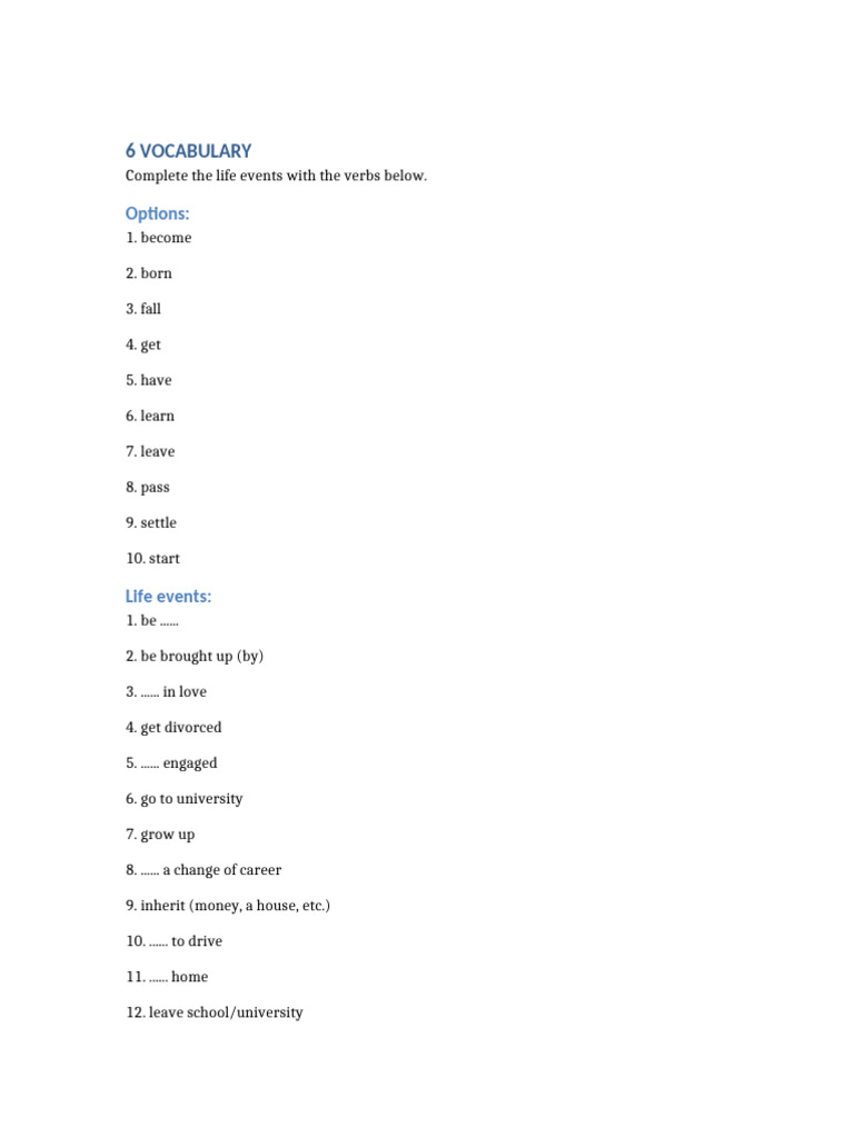 Life Events Vocabulary Exercises | PDF