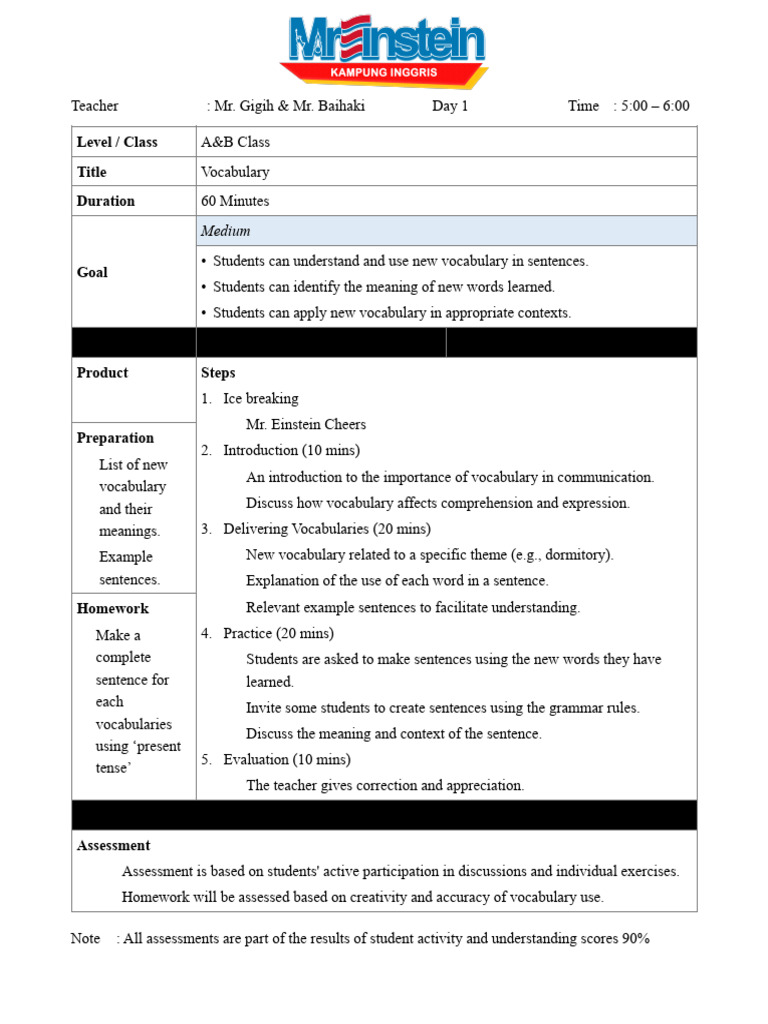 LESSON PLAN VOCABULARY CLASS B (DAY 1) | PDF | Vocabulary | Reading ...
