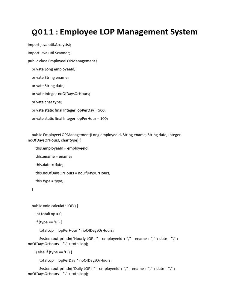 Q011 Employee LOP Management System | PDF | Object Oriented Programming | Programming Paradigms
