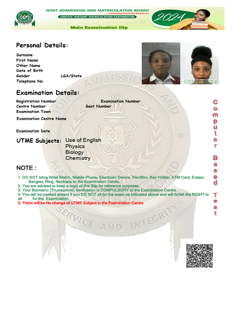 Main Examination Slip | PDF