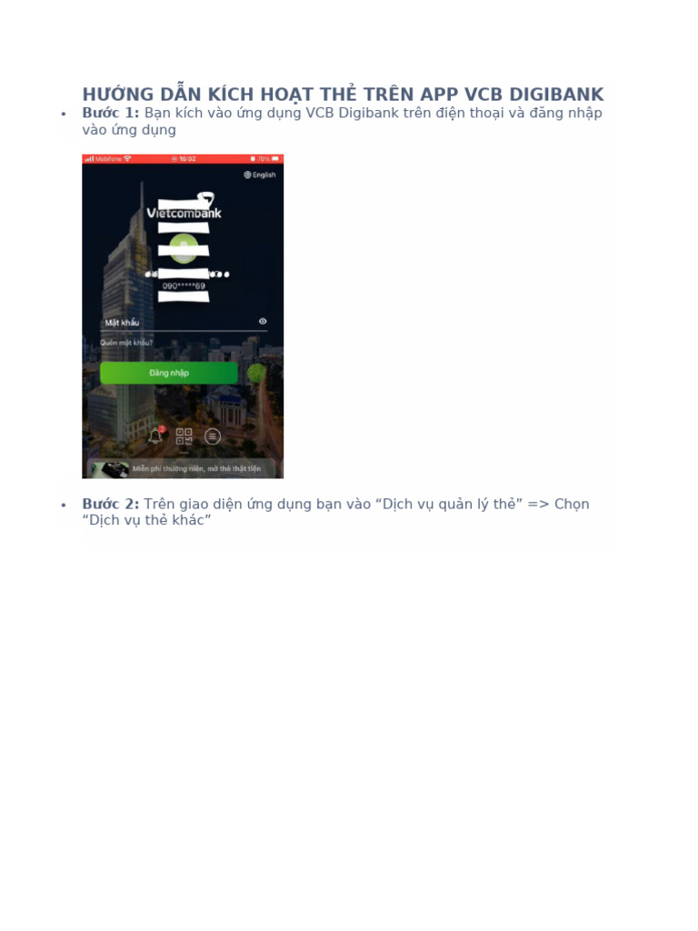 HƯỚNG DẪN KÍCH HOẠT THẺ TRÊN APP VCB DIGIBANK | PDF