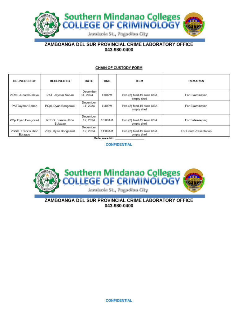 Crime Lab Chain of Custody Form | PDF