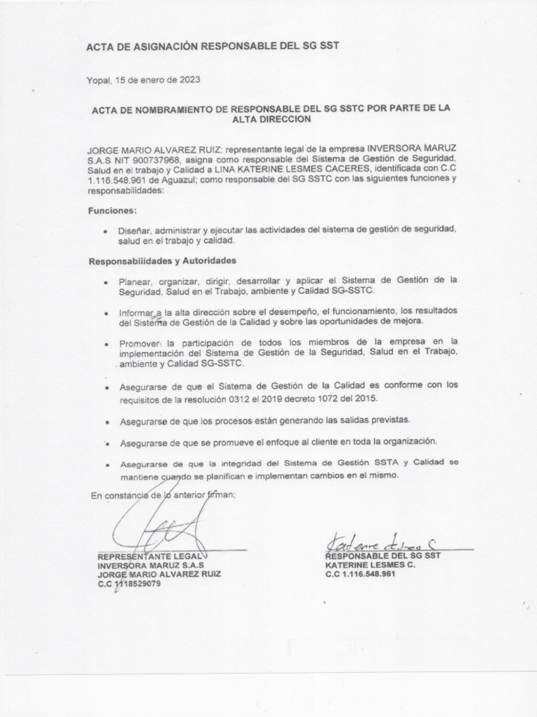 ACTA DE ASIGNACION RESPONSABLE ING KATERINE | PDF