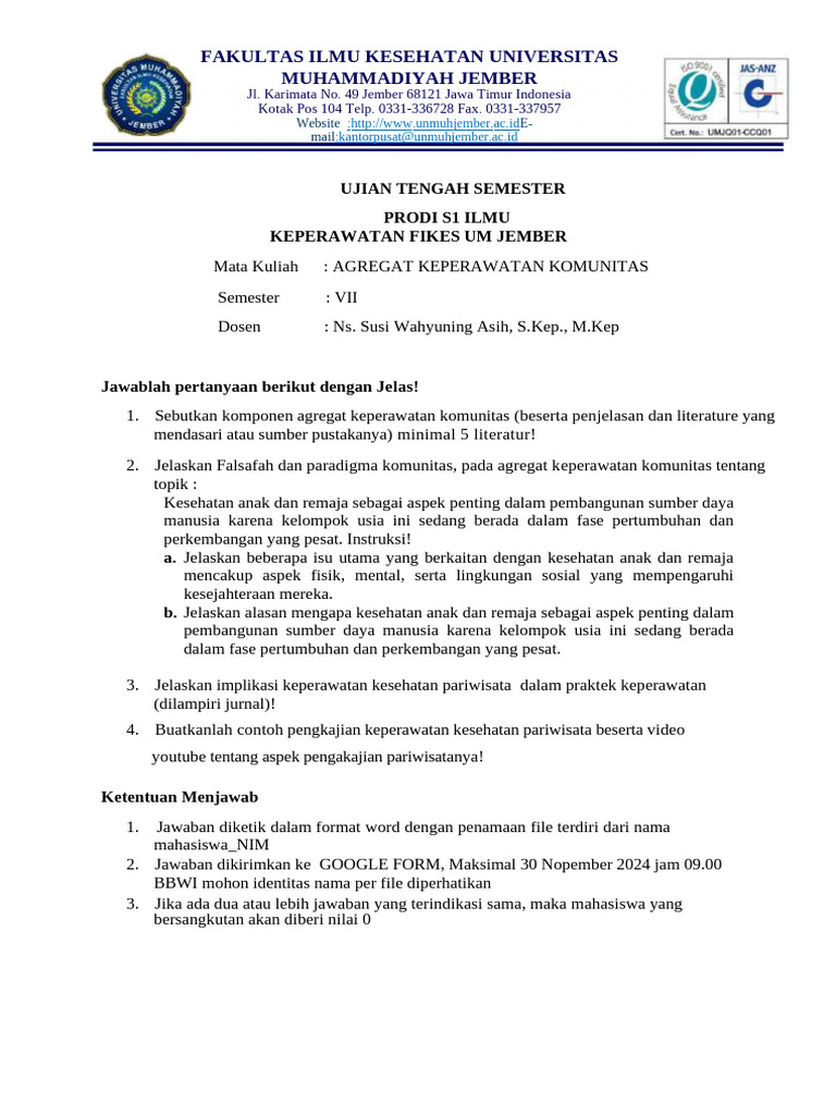 Soal UTS Agregat Komunitas Semester VII S1 Keperawatan | PDF