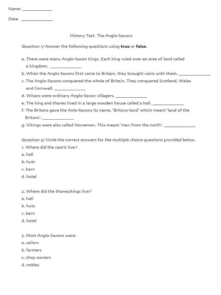 Anglo Saxons Retake Test | PDF