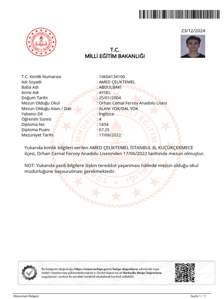 Milli Egitim Lise Mezuniyet Belgesi Sorgulama | PDF