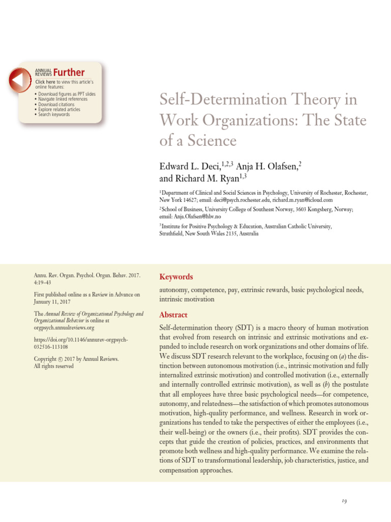 Deci Et Al 2017 Self Determination Theory in Work Organizations The ...
