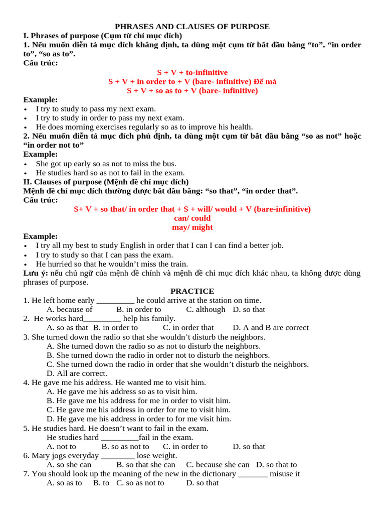 INFINITIVE OF PURPOSE | PDF