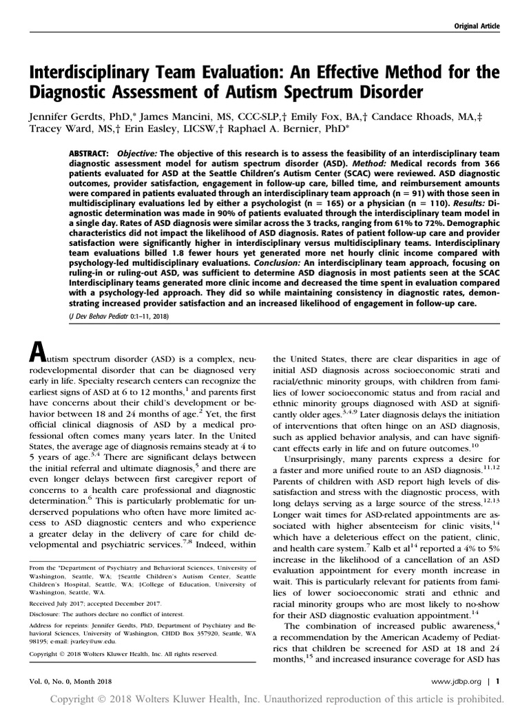 Interdisciplinary Team Evaluation: An Effective Method for the Diagnostic Assessment of Autism ...