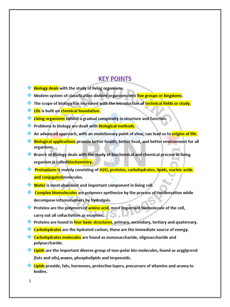1st Year Biology Key Points | PDF | Cell Membrane | Cell (Biology)
