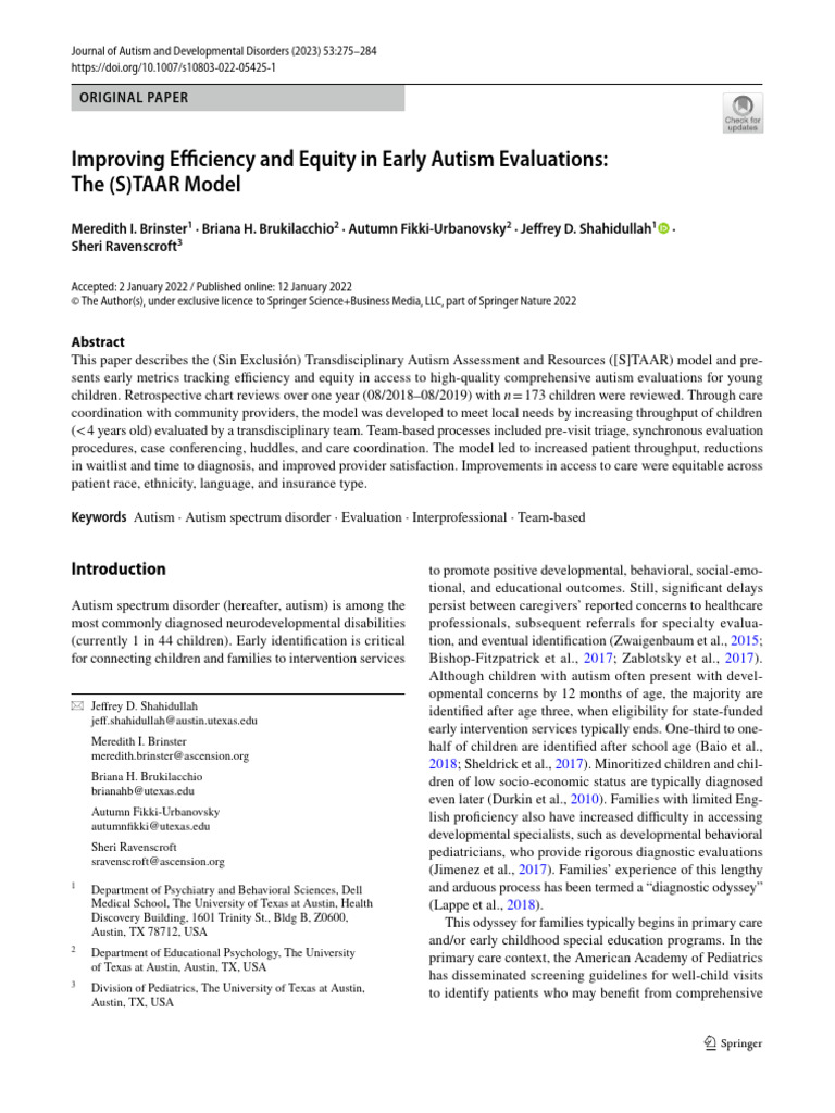 Improving Efficiency and Equity in Early Autism Evaluations: The (S ... Improving Efficiency and Equity in Early Autism Evaluations: The (S ...