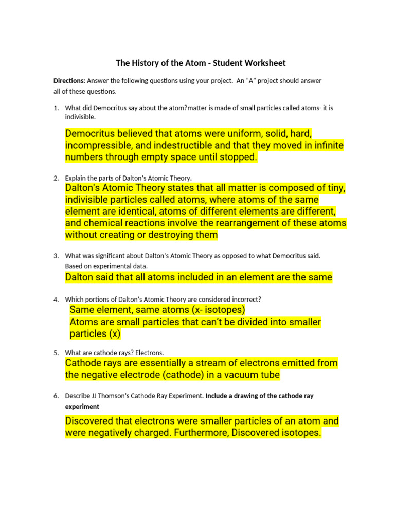 Atomic Theory: Student Worksheet | PDF | Atoms | Atomic Nucleus